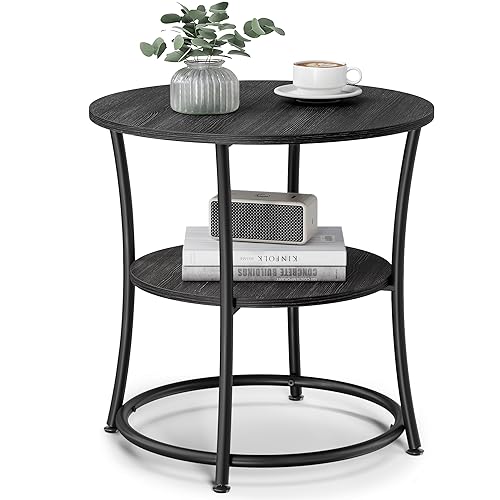 VASAGLE Side Table, Round End Table with 2 Shelves for Living Room, Bedroom, Nightstand with Steel Frame for Small Spaces, Outdoor Accent Coffee Table, Charcoal Gray and Black