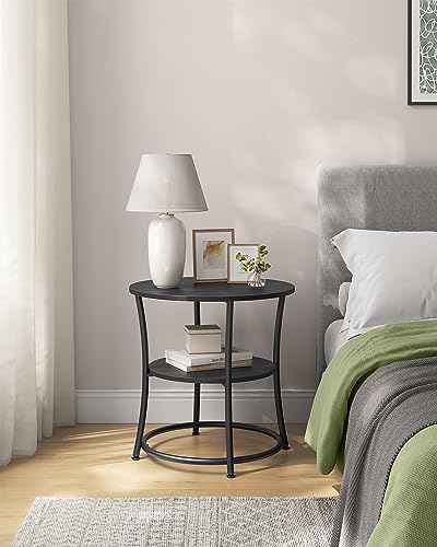 VASAGLE Side Table, Round End Table with 2 Shelves for Living Room, Bedroom, Nightstand with Steel Frame for Small Spaces, Outdoor Accent Coffee Table, Charcoal Gray and Black