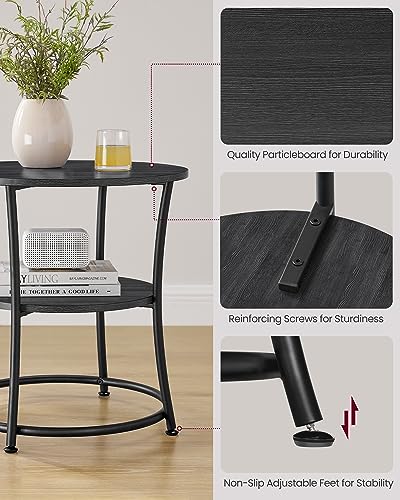 VASAGLE Side Table, Round End Table with 2 Shelves for Living Room, Bedroom, Nightstand with Steel Frame for Small Spaces, Outdoor Accent Coffee Table, Charcoal Gray and Black