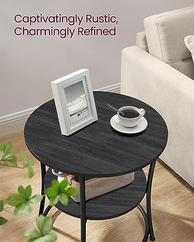 VASAGLE Side Table, Round End Table with 2 Shelves for Living Room, Bedroom, Nightstand with Steel Frame for Small Spaces, Outdoor Accent Coffee Table, Charcoal Gray and Black