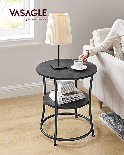 VASAGLE Side Table, Round End Table with 2 Shelves for Living Room, Bedroom, Nightstand with Steel Frame for Small Spaces, Outdoor Accent Coffee Table, Charcoal Gray and Black