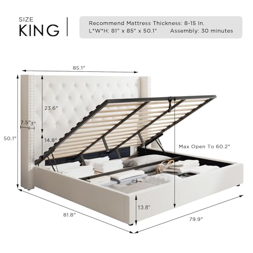 PaPaJet Lift Up Storage Bed King Size Upholstered Platform Bed Frame Button Tufted Wingback Headboard Hydraulic Lifting Storage Underneath/Wood Slats Support/Easy Assembly/Cream