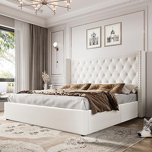 PaPaJet Lift Up Storage Bed King Size Upholstered Platform Bed Frame Button Tufted Wingback Headboard Hydraulic Lifting Storage Underneath/Wood Slats Support/Easy Assembly/Cream