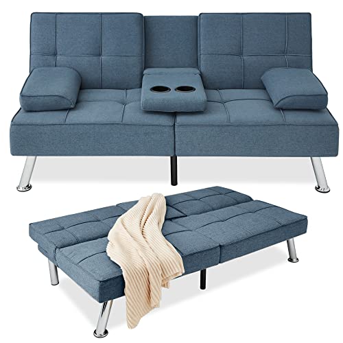 Best Choice Products Linen Upholstered Modern Convertible Folding Futon Sofa Bed for Compact Living Space, Apartment, Dorm, Bonus Room w/Removable Armrests, Metal Legs, 2 Cupholders - Blue