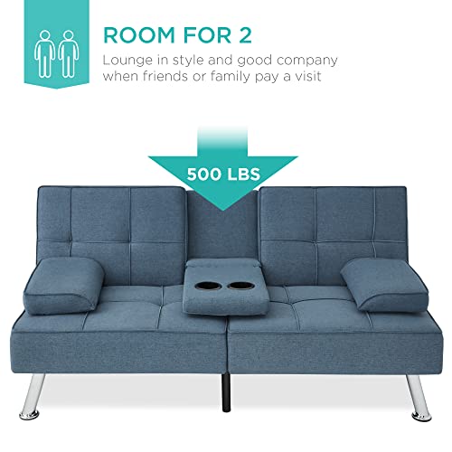 Best Choice Products Linen Upholstered Modern Convertible Folding Futon Sofa Bed for Compact Living Space, Apartment, Dorm, Bonus Room w/Removable Armrests, Metal Legs, 2 Cupholders - Blue