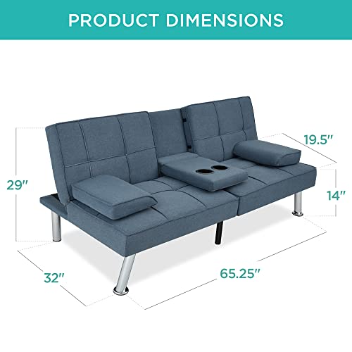 Best Choice Products Linen Upholstered Modern Convertible Folding Futon Sofa Bed for Compact Living Space, Apartment, Dorm, Bonus Room w/Removable Armrests, Metal Legs, 2 Cupholders - Blue