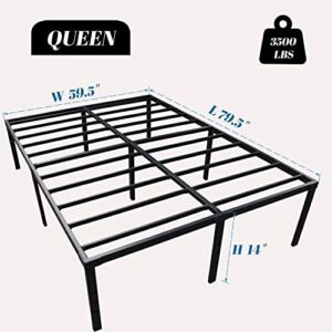 Chezisam Queen Size Bed Frame No Box Spring Needed 14 "High Sturdy Steel Slat Bed Base Heavy Duty Platform Bed Under-Bed Storage Space, Easy Assembly,Non-Slip and Noiseless,Black