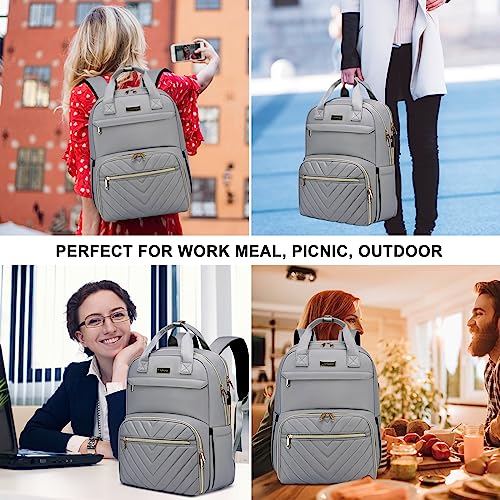 Lunch Backpack for Women, 15.6 inch Laptop Backpack with USB Port, Water Resistant Insulated Cooler Lunch Bag , Travel Work Laptop Bags with Lunch Box for College Work Pincic Camping Beaches, Grey