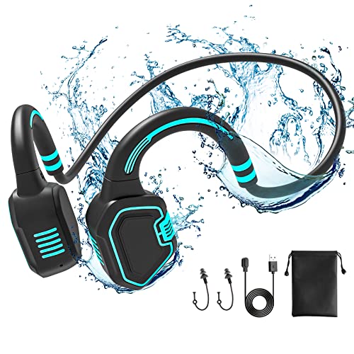 UooEA Bone Conduction Waterproof Swimming Headphones - IP68 Waterproof Swimming Headphones Inductive Open Ear Wireless Bluetooth Sports Headset with MP3 Play 16G Memory for Running Swimming(Blue)