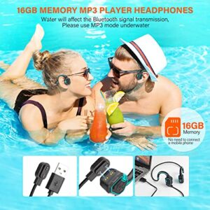 UooEA Bone Conduction Waterproof Swimming Headphones - IP68 Waterproof Swimming Headphones Inductive Open Ear Wireless Bluetooth Sports Headset with MP3 Play 16G Memory for Running Swimming(Blue)