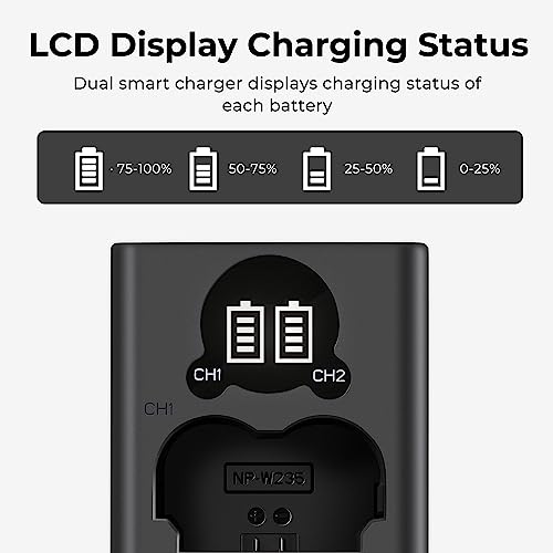 K&F Concept 2200mAh NP-W235 Battery and Charger for Fujifilm X-T5, X-S20, X-H2, X-H2S, GFX 100S, GFX 50S II, X-T4, 2 Pack Battery