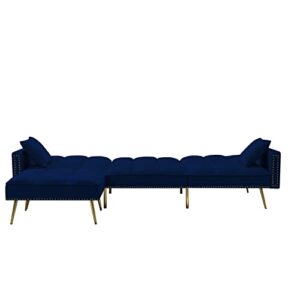 Eafurn Sectional Sleeper, 900 LB Heavy Duty 107 inch 3 Seater L Shaped Sofa Chaise,Velvet Futon Couch Modern Day Bed W/Nail Head Trim for Living Room Small Spaces, Navy Blue