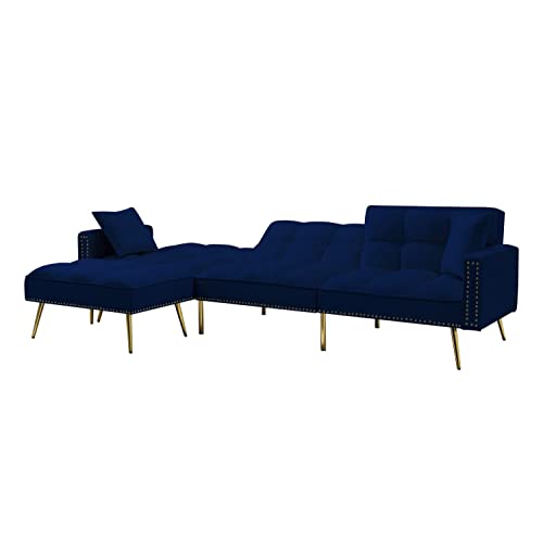 Eafurn Sectional Sleeper, 900 LB Heavy Duty 107 inch 3 Seater L Shaped Sofa Chaise,Velvet Futon Couch Modern Day Bed W/Nail Head Trim for Living Room Small Spaces, Navy Blue