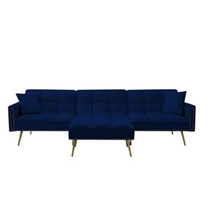 Eafurn Sectional Sleeper, 900 LB Heavy Duty 107 inch 3 Seater L Shaped Sofa Chaise,Velvet Futon Couch Modern Day Bed W/Nail Head Trim for Living Room Small Spaces, Navy Blue