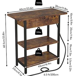 Yusong Narrow End Table with Charging Station, Slim Couch Side Table with USB Ports & Outlets, Flip-top Nightstand Bedside Table with 3 Shelves for Small Space in Living Room Bedroom,Brown