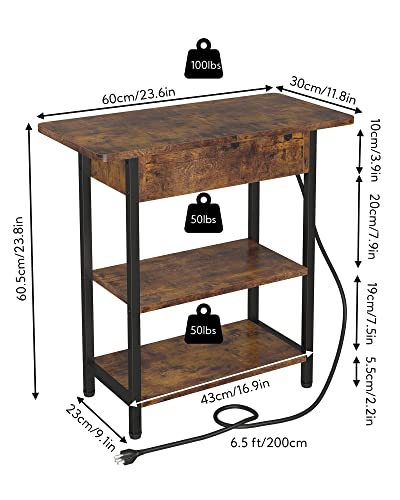 Yusong Narrow End Table with Charging Station, Slim Couch Side Table with USB Ports & Outlets, Flip-top Nightstand Bedside Table with 3 Shelves for Small Space in Living Room Bedroom,Brown