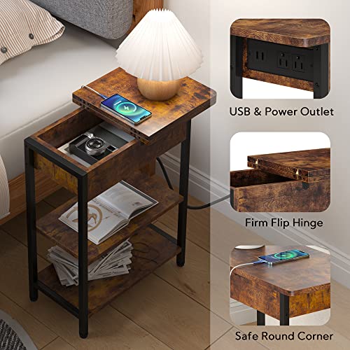 Yusong Narrow End Table with Charging Station, Slim Couch Side Table with USB Ports & Outlets, Flip-top Nightstand Bedside Table with 3 Shelves for Small Space in Living Room Bedroom,Brown