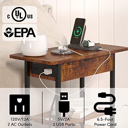 Yusong Narrow End Table with Charging Station, Slim Couch Side Table with USB Ports & Outlets, Flip-top Nightstand Bedside Table with 3 Shelves for Small Space in Living Room Bedroom,Brown