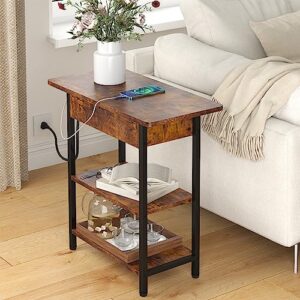 Yusong Narrow End Table with Charging Station, Slim Couch Side Table with USB Ports & Outlets, Flip-top Nightstand Bedside Table with 3 Shelves for Small Space in Living Room Bedroom,Brown