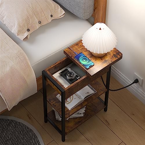 Yusong Narrow End Table with Charging Station, Slim Couch Side Table with USB Ports & Outlets, Flip-top Nightstand Bedside Table with 3 Shelves for Small Space in Living Room Bedroom,Brown