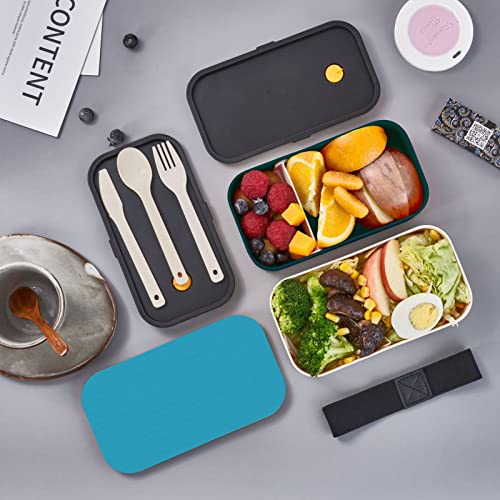 Sea Cyan Premium Bento Lunch Box, 2 Compartments Leakproof Lunch Box With Cutlery For Adults, Microwave & Dishwasher Safe