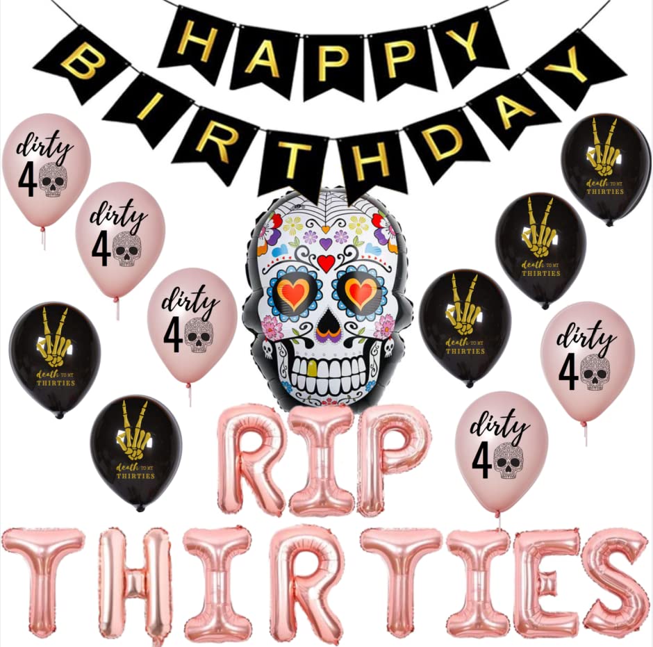 Geloar RIP THIRTIES 40th Birthday Party Supplies, RIP THIRTIES Balloons Happy Birthday Banner for Death to My Thirties 30s RIP Youth Women Dirty 40 Funny 40th Bday Decoration (Rose Gold, RIP THIRTIES)