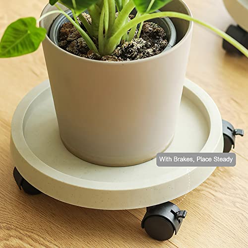 auons Plant Stand with Wheels, Rolling Plant Caddy Plant Dolly, Plastic Plant Roller Base, Movable Plant Tray with Wheels, Planter Trolley for Indoor Outdoor Potted Plants, Beige, 11.42in