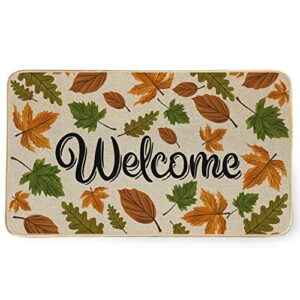 welcome fall doormat 17 x 29 inch, seasonal autumn plant maple leaf decorative rugs non-slip rubber backed entryway door mat for indoor outdoor entrance floor dm085