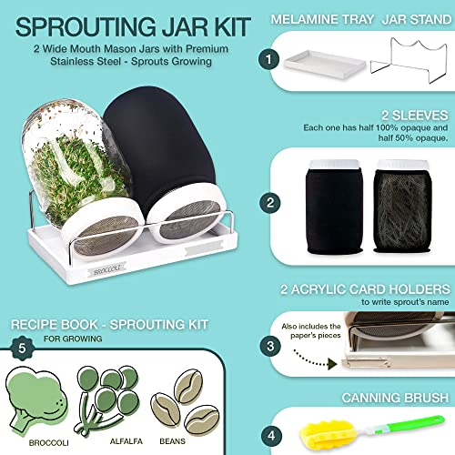 VIREOR Sprouting Jar Kit - 2 Wide Mouth Mason Jars with Premium Stainless Steel - Sprouts Growing Kit Includes Canning Brush and Recipe Book - Sprouting Kit for Growing Broccoli, Alfalfa, Beans