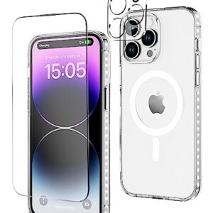 SCORPIFY iPhone 14 Pro Max Case for Magnetic Clear Design, [Non Yellowing] Phone Cover for Men Women, with Tempered Glass Screen+Camera Lens Protector, [Compatible with MagSafe] Slim Bumper, Clear