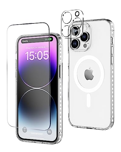 SCORPIFY iPhone 14 Pro Max Case for Magnetic Clear Design, [Non Yellowing] Phone Cover for Men Women, with Tempered Glass Screen+Camera Lens Protector, [Compatible with MagSafe] Slim Bumper, Clear