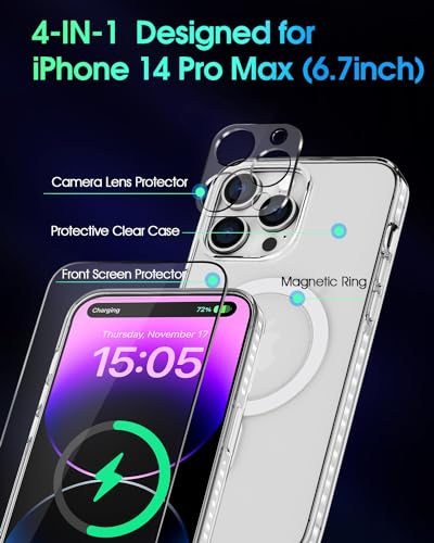 SCORPIFY iPhone 14 Pro Max Case for Magnetic Clear Design, [Non Yellowing] Phone Cover for Men Women, with Tempered Glass Screen+Camera Lens Protector, [Compatible with MagSafe] Slim Bumper, Clear