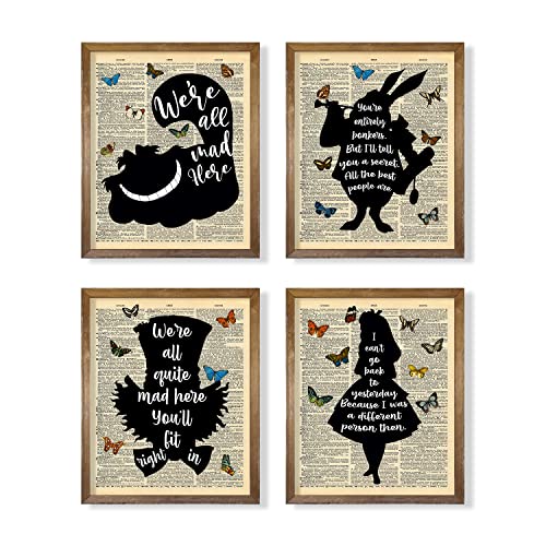 Alice in Wonderland Wall Art Decor - 11x14 Cheshire Cat Mad Hatter White Rabbit - Alice Inspirational Saying Quote Poster Print - Motivational Wall Art for Alice Fans - Affirmation Gift for Women Girl