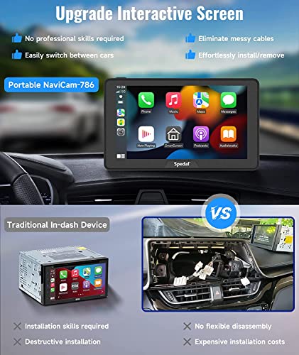 2023 Newest Portable Car Stereo with Wireless CarPlay and Android Auto, Spedal NaviCam-786 Apple CarPlay Dash Mount Car Screen, 7" IPS Touchscreen, Mirror Link/Bluetooth/Navigation/Voice Control