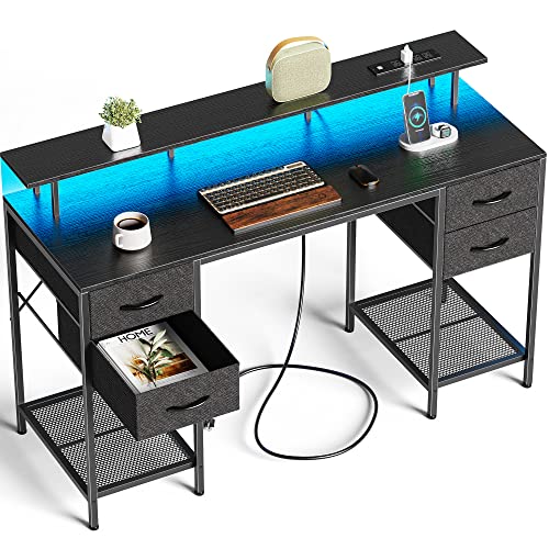 Huuger 55 inch Computer Desk with 4 Drawers, Gaming Desk with LED Lights & Power Outlets, Home Office Desk with Large Storage Space for Bedroom, Work from Home, Black