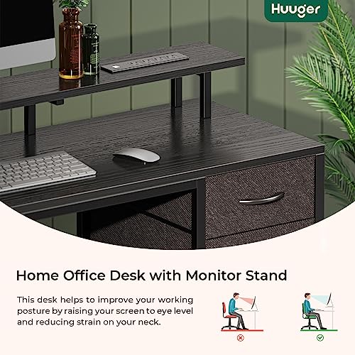 Huuger 55 inch Computer Desk with 4 Drawers, Gaming Desk with LED Lights & Power Outlets, Home Office Desk with Large Storage Space for Bedroom, Work from Home, Black