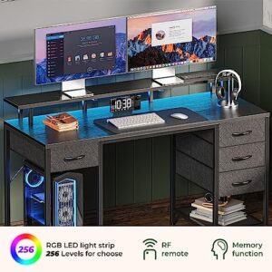 Huuger 55 inch Computer Desk with 4 Drawers, Gaming Desk with LED Lights & Power Outlets, Home Office Desk with Large Storage Space for Bedroom, Work from Home, Black