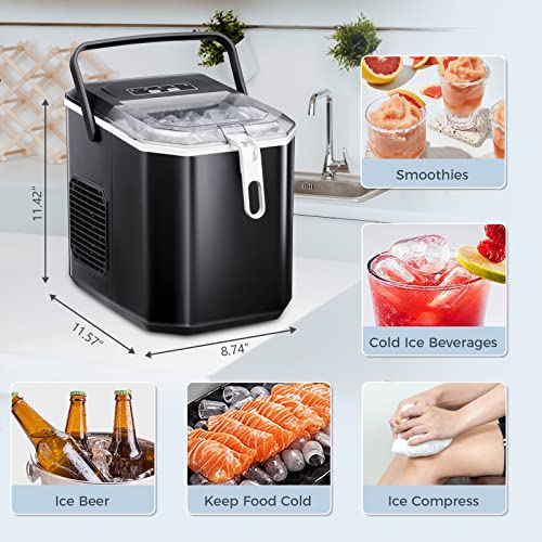 Antarctic Star Countertop Ice Maker, S/L Bullet Ice, 26lbs/Day, 9 Ice Cubes in 6 Mins, Portable Ice Machine with Ice Scoop and Handle, Self-Cleaning, One-Click Operation, for Kitchen Office Home Black