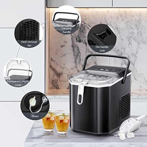 Antarctic Star Countertop Ice Maker, S/L Bullet Ice, 26lbs/Day, 9 Ice Cubes in 6 Mins, Portable Ice Machine with Ice Scoop and Handle, Self-Cleaning, One-Click Operation, for Kitchen Office Home Black