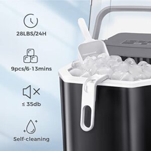 Antarctic Star Countertop Ice Maker, S/L Bullet Ice, 26lbs/Day, 9 Ice Cubes in 6 Mins, Portable Ice Machine with Ice Scoop and Handle, Self-Cleaning, One-Click Operation, for Kitchen Office Home Black