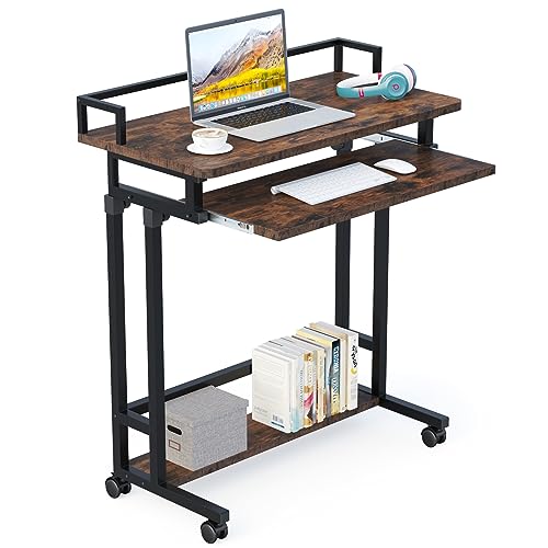 Tribesigns Rolling Portable Computer Desk, Adjustable Height Couch Sofa Table with Pull Out Keyboard Tray for Laptop, Mobile Standing Desk Bed Computer Cart for Small Space (rusti)