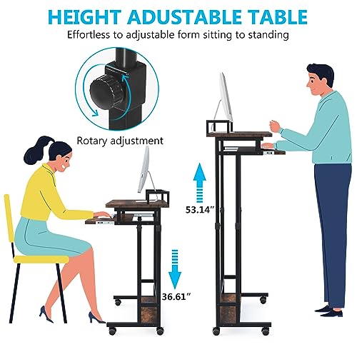 Tribesigns Rolling Portable Computer Desk, Adjustable Height Couch Sofa Table with Pull Out Keyboard Tray for Laptop, Mobile Standing Desk Bed Computer Cart for Small Space (rusti)