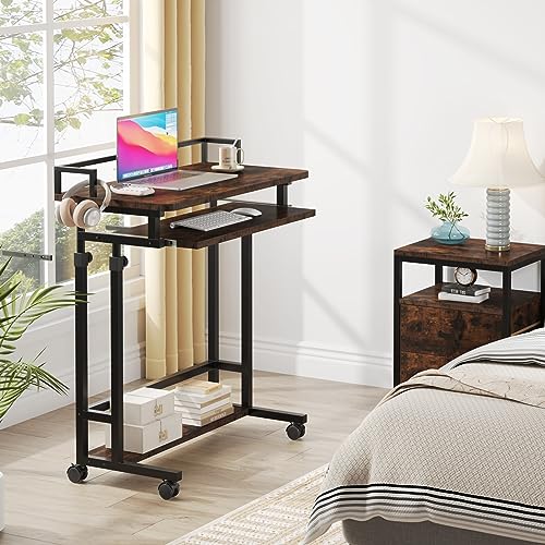 Tribesigns Rolling Portable Computer Desk, Adjustable Height Couch Sofa Table with Pull Out Keyboard Tray for Laptop, Mobile Standing Desk Bed Computer Cart for Small Space (rusti)