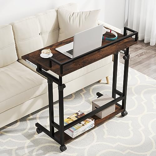 Tribesigns Rolling Portable Computer Desk, Adjustable Height Couch Sofa Table with Pull Out Keyboard Tray for Laptop, Mobile Standing Desk Bed Computer Cart for Small Space (rusti)