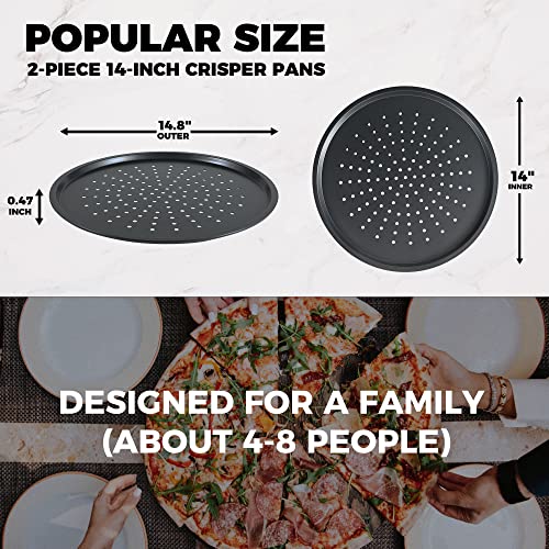 HONGBAKE 14 Inch Pizza Pan with Holes, 2 Pack Non-Stick Pizza Pan for Oven, Carbon Steel Perforated Pizza Tray, Crispy Pizza Set, Round Baking Sheet for Frozen & Homemade Pizza, Grey