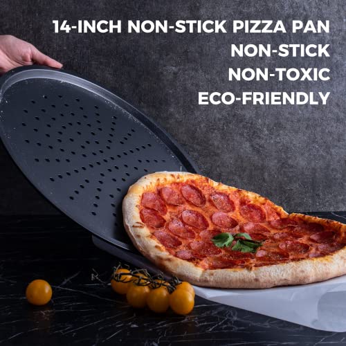 HONGBAKE 14 Inch Pizza Pan with Holes, 2 Pack Non-Stick Pizza Pan for Oven, Carbon Steel Perforated Pizza Tray, Crispy Pizza Set, Round Baking Sheet for Frozen & Homemade Pizza, Grey