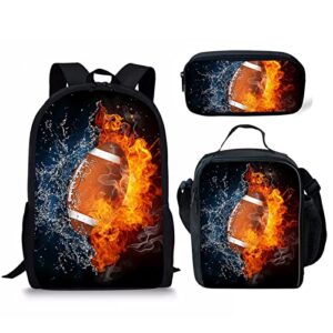 biyejit water fire rugby print school backpack set with lunch box and pencil case for primary elementary boys, american football children teens school backpack, set 3 in 1