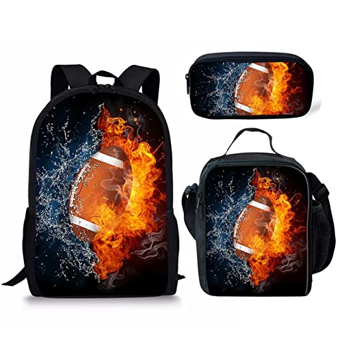 Biyejit Water Fire Rugby Print School Backpack Set with Lunch Box and Pencil Case for Primary Elementary Boys, American Football Children Teens School Backpack, Set 3 in 1