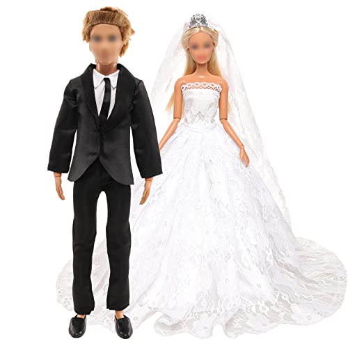 4 Pack Doll Wedding Set 1 White Bride Wedding with Veil for 11.5 Inch Girl Doll 1 Black Groom Suit Clothes for 12 Inch Boy Doll 2 Pairs of Shoes for Dolls