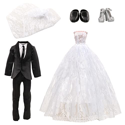 4 Pack Doll Wedding Set 1 White Bride Wedding with Veil for 11.5 Inch Girl Doll 1 Black Groom Suit Clothes for 12 Inch Boy Doll 2 Pairs of Shoes for Dolls